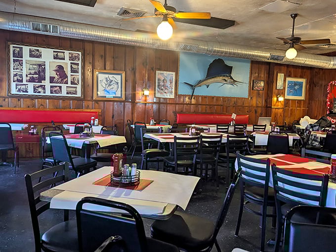 Wood paneling, mounted fish, and red vinyl booths&mdash;this isn't interior design, it's a time machine to when seafood joints prioritized flavor over fanciness.