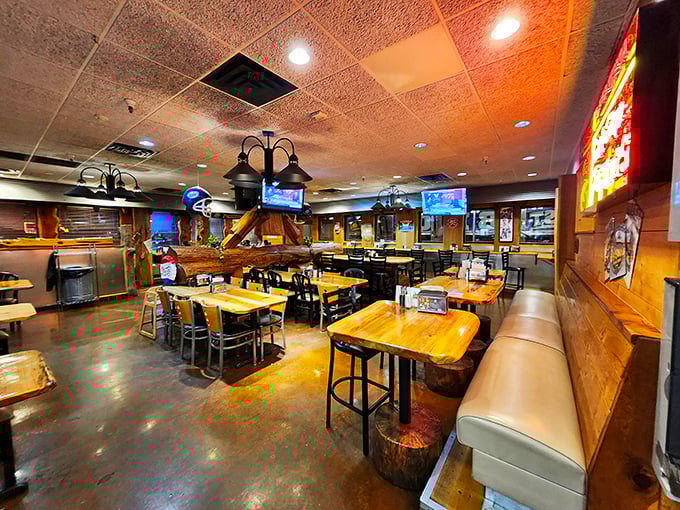 Rustic wooden tables, comfy booths, and the promise of meat nirvana. This is where barbecue dreams come true, one smoky bite at a time.