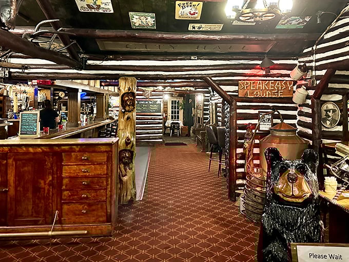 Step inside and you're transported to a bygone era where "Speakeasy Lounge" isn't just a sign, but a promise of good times. The bear statue stands guard, silently judging your cocktail choice.