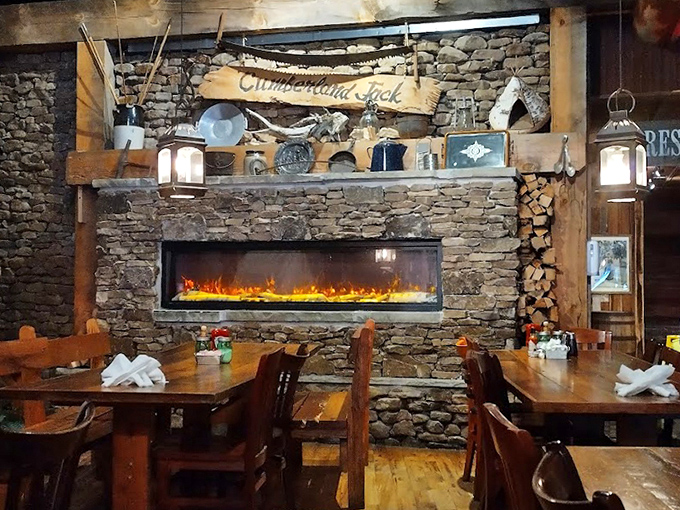 Stone walls, wooden beams, and a roaring fireplace create the perfect mountain retreat atmosphere. Breakfast with a side of rustic charm.