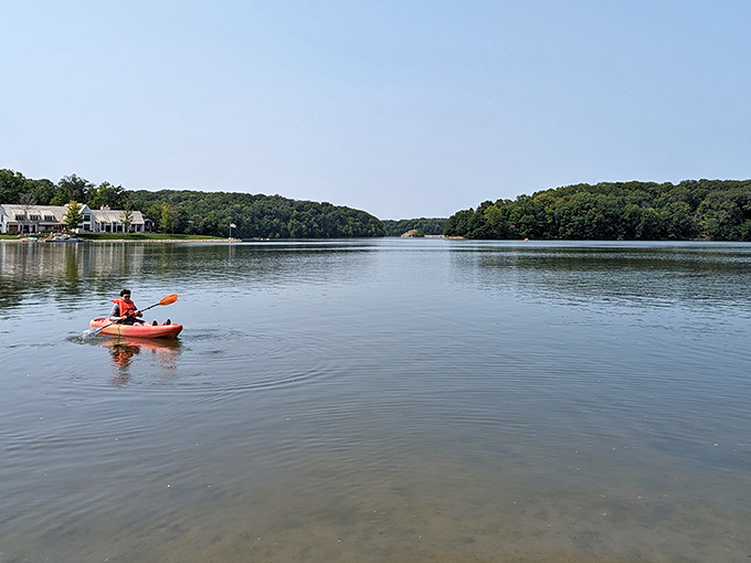 Solo adventures await on Lake Macbride's calm waters, where paddling becomes meditation and office stress dissolves with each stroke.