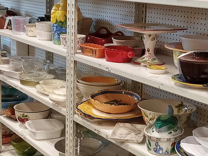 Colorful casserole dishes and vintage bowls stand at attention, each with stories to tell and potlucks to attend.