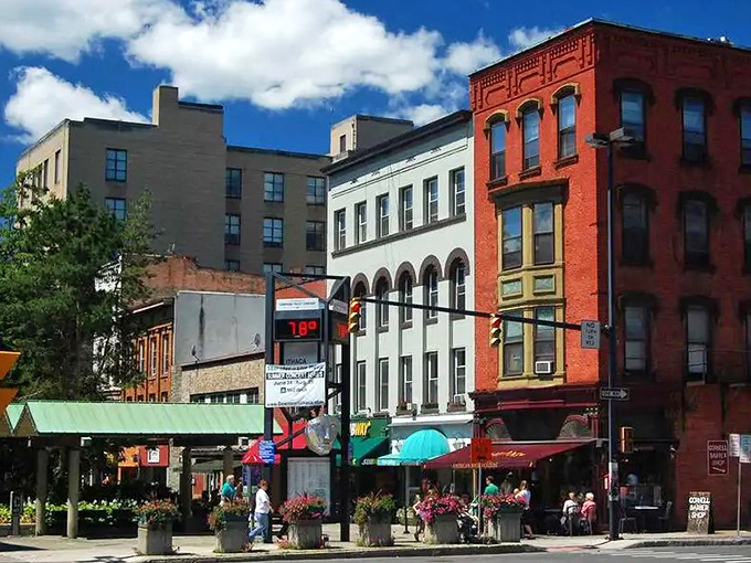The Ithaca Commons buzzes with life, where colorful chairs invite you to people-watch like you're in a European plaza.