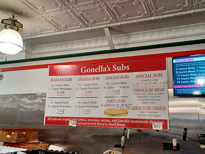 The menu board tells the whole story: layers upon glorious layers of meat, with options ranging from "I'm reasonably hungry" to "I might need assistance walking out."