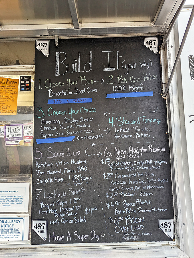 The chalkboard menu reads like a love letter to burger enthusiasts. "Build It Your Way" isn't just a slogan&mdash;it's a sacred promise to your taste buds.