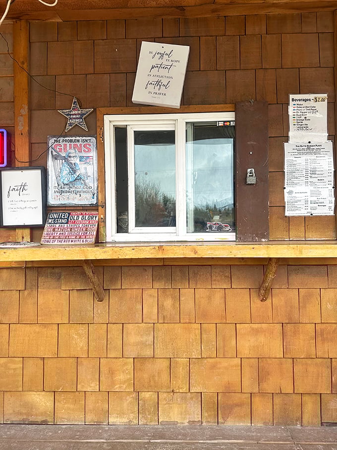 Where faith, patriotism, and burger perfection meet. The order window's humble appearance belies the culinary treasures awaiting on the other side.