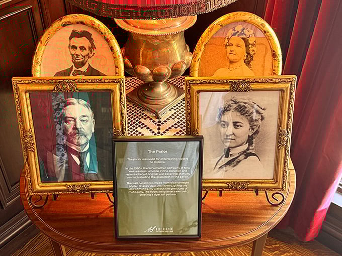 Family portraits tell silent stories—Abraham Lincoln's legacy lives on through these framed faces, a visual family tree of American history.