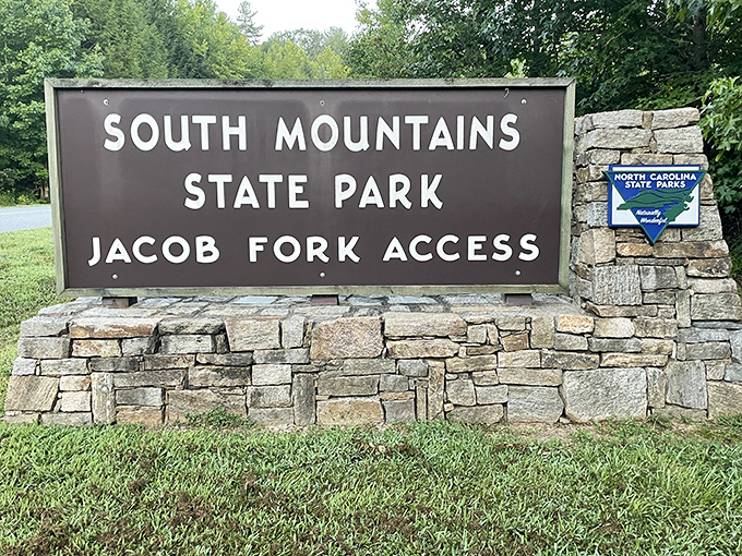 The entrance sign doesn't just mark a boundary &ndash; it's your official invitation to leave stress behind at Jacob Fork Access.
