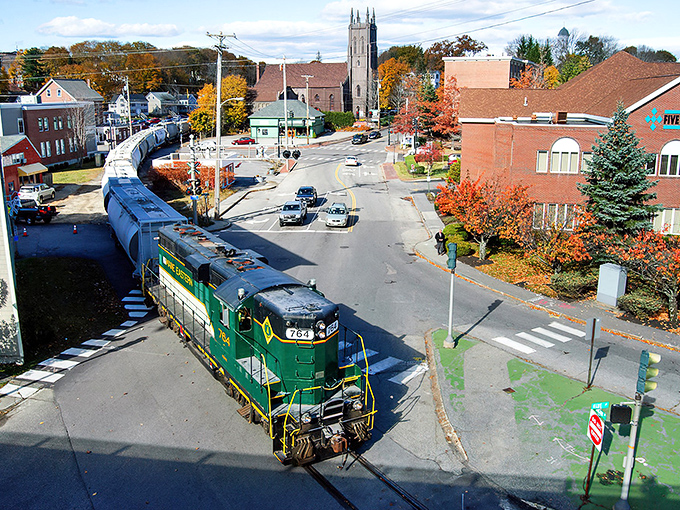 Bath's historic downtown showcases a perfect autumn scene, where trains still rumble through the heart of this shipbuilding community.