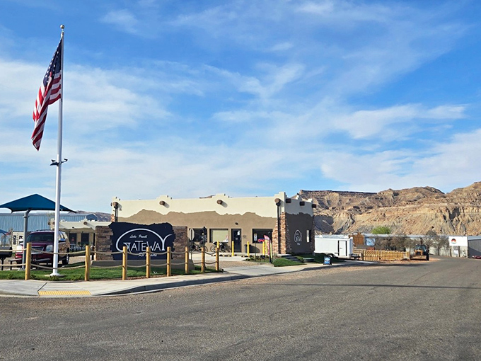 Bitter Springs: The Gateway building stands proudly against the desert backdrop, like a frontier outpost from a modern Western movie.