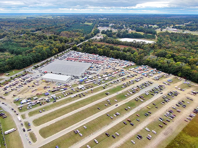 Bird's eye bargain bonanza! Brightleaf Flea Market's massive footprint looks like a small city dedicated to the art of the deal.