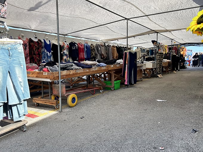 Clothing galore! Bussey's covered market stalls offer protection from Texas heat while you hunt for that perfect outfit at pennies on the dollar.