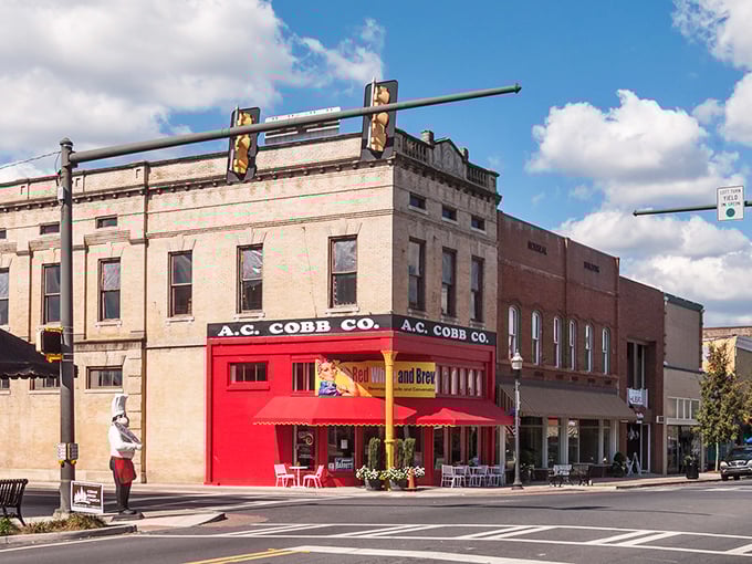 Cedartown's vibrant red A.C. Cobb building stands out like a cheerful greeter at the town's historic crossroads.
