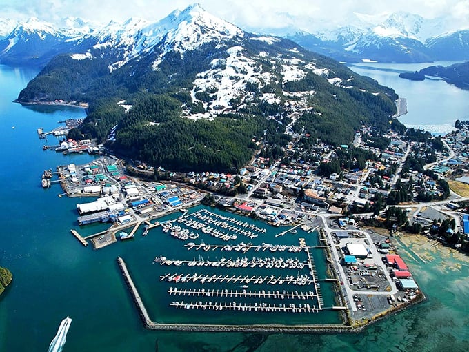 Cordova's aerial view reveals a coastal paradise where the Chugach Mountains plunge dramatically into pristine waters.