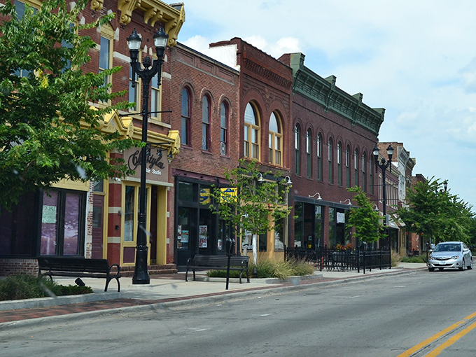 Historic storefronts line Council Bluffs' charming downtown streets, where brick buildings whisper tales of Iowa's vibrant past.