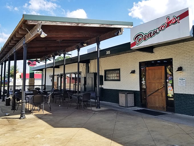 Deano's Pizza in Lafayette offers a welcoming covered patio where you can enjoy their legendary pies in the fresh air.