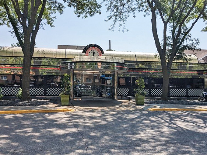 Drake Diner's classic stainless steel exterior gleams like a time machine ready to transport you back to simpler, more delicious times.