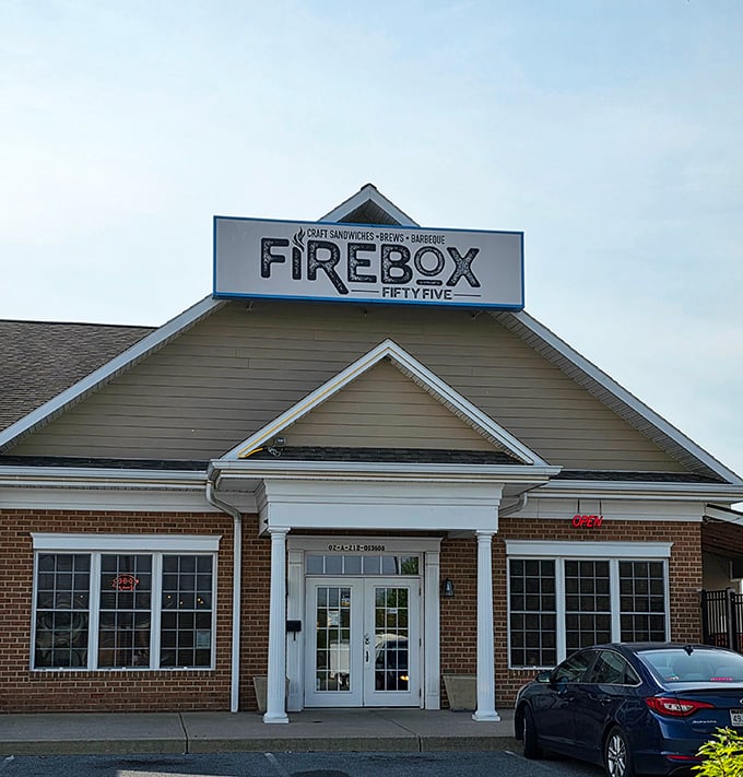 Firebox55's colonial-style exterior might fool you, but that smoky aroma gives away the serious BBQ happening inside.