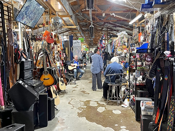 Musical instruments line the walls at Flea Land. One person's dusty guitar is another's ticket to becoming the next Willie Nelson!