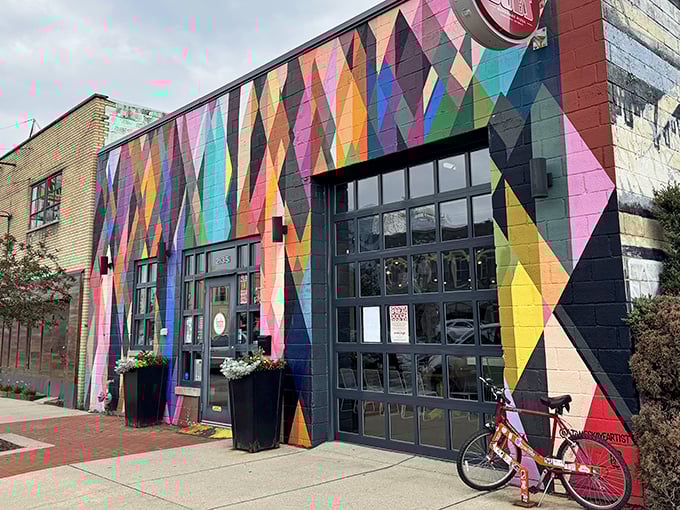 Grandma Bob's colorful geometric facade is like a pizza party for your eyes before the real party happens in your mouth.