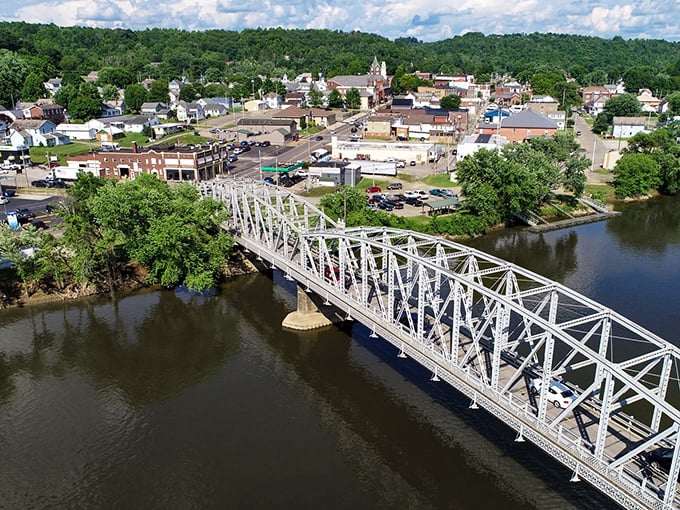 The famous Y-Bridge splits the Muskingum River like a wishbone, creating one of America's most unique crossings.