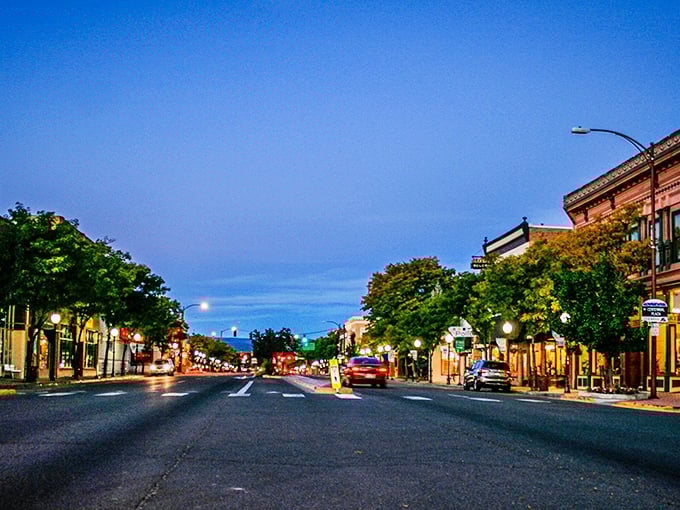 Twilight transforms Montrose's main street into a postcard scene, where small-town charm meets big-sky Colorado beauty.