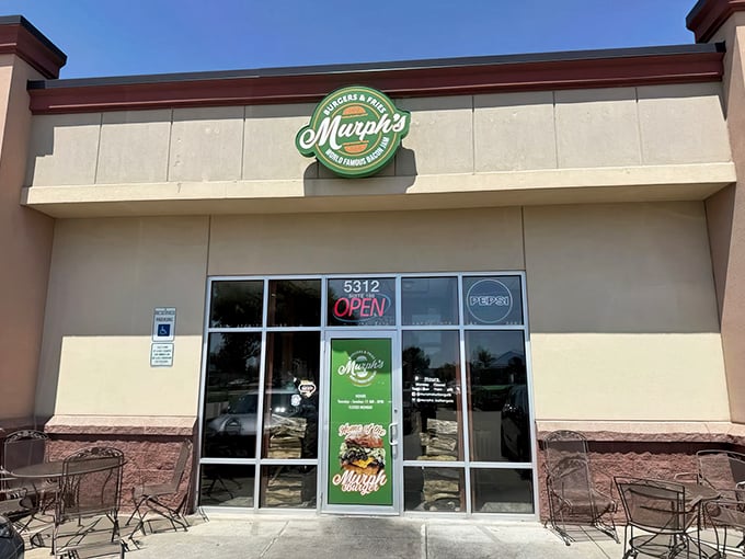 Murph's unassuming storefront might fool you, but that neon "OPEN" sign is basically a burger bat-signal for locals.