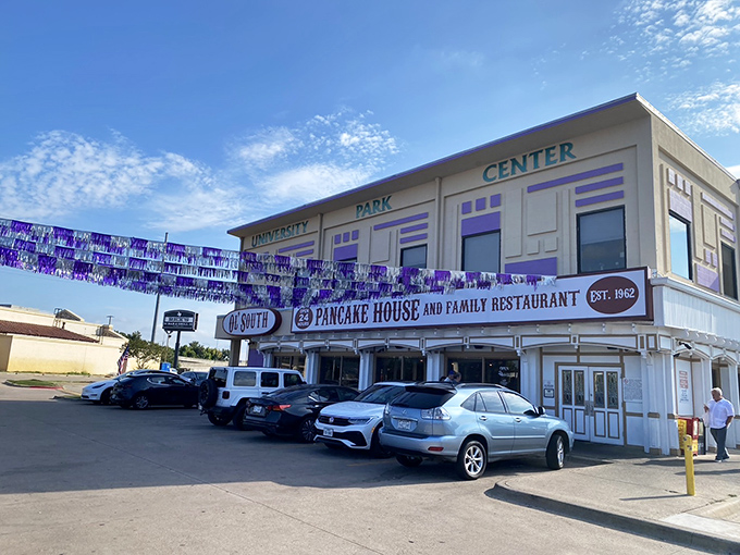 Purple streamers dance overhead while this Fort Worth gem serves up pancake perfection in festive, celebratory style.
