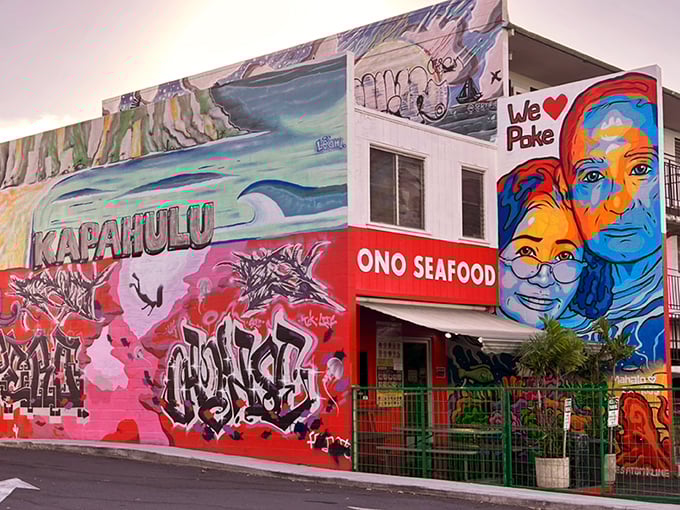 Ono Seafood's vibrant murals are like a preview of the colorful poke experience waiting inside this unassuming roadside gem.