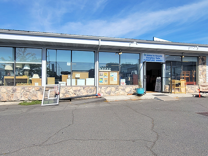 Window shopping takes on new meaning here! Palouse ReStore's stone-faced storefront promises affordable furniture treasures within.