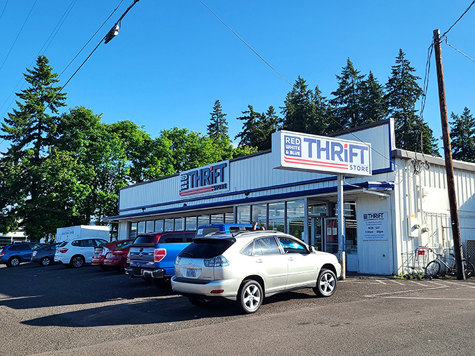 Red White & Blue's classic storefront stands ready for bargain patriots. The parking lot's never empty &ndash; a sure sign of thrifting gold within.