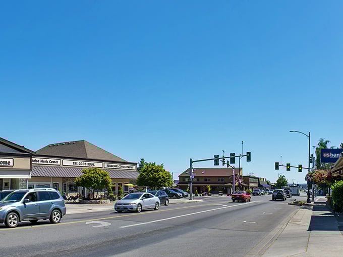 Sequim's sunny main street defies Washington's rainy reputation, with clear skies and a welcoming small-town atmosphere.