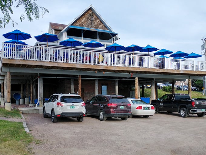 Perched above the water like a ship's deck, this Burlington favorite combines lake views with ocean flavors.