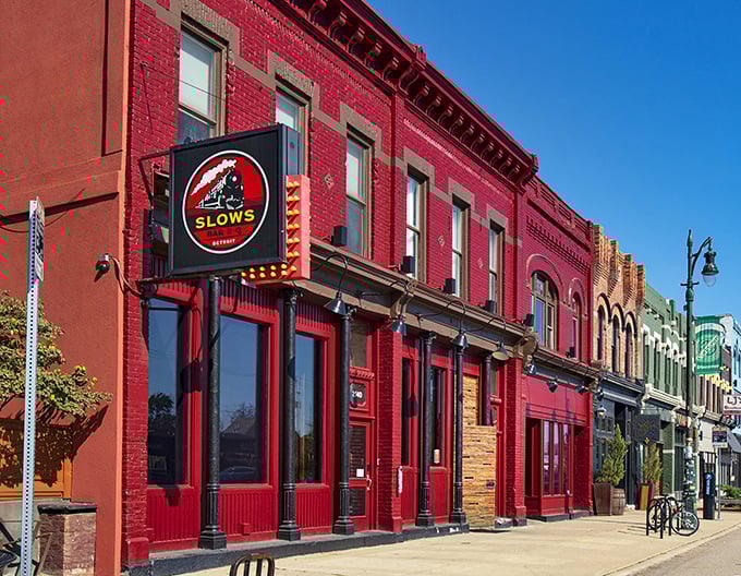 Slows' vibrant red brick building stands out in Detroit like a beacon of barbecue hope. The line forms to the right, folks!