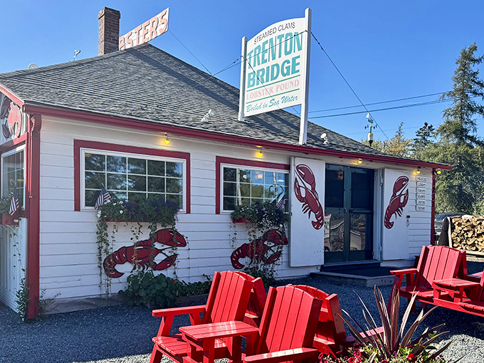 Lobster paradise found! Trenton Bridge's charming red-trimmed exterior promises seafood dreams come true inside.