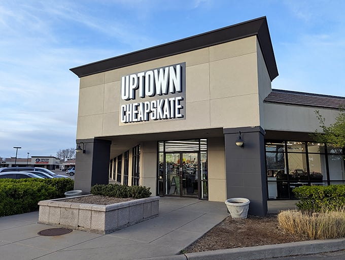 Uptown Cheapskate's sleek exterior breaks the thrift store stereotype. No musty attic vibes here!