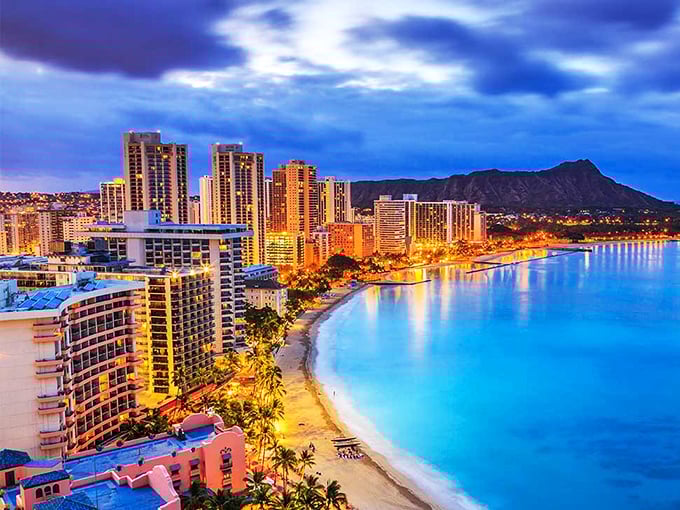 Waimalu's glittering skyline at dusk proves that even concrete can look magical when bathed in Hawaiian twilight.