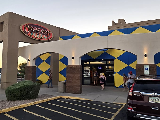 Organ Stop Pizza's blue and yellow checkerboard facade is like the wacky uncle of pizza joints&mdash;unmistakable and utterly charming.