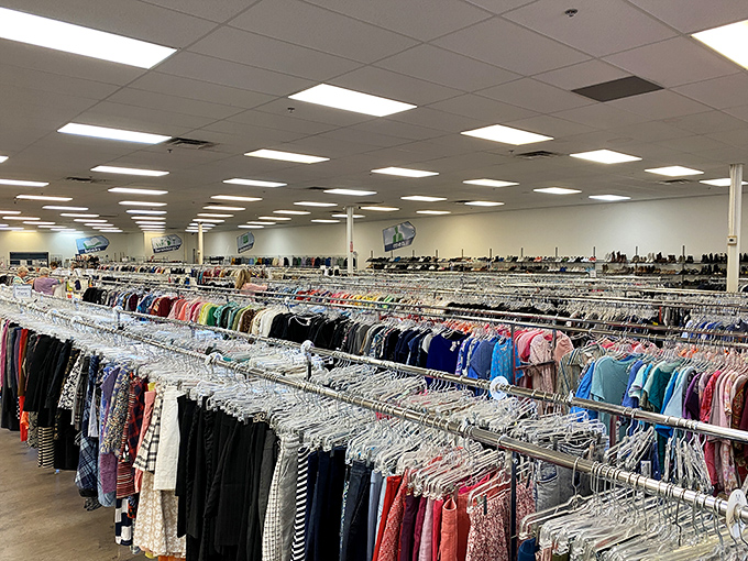 Racks upon racks of possibility! 360 Thrift's spacious interior feels more like a department store than a secondhand shop.