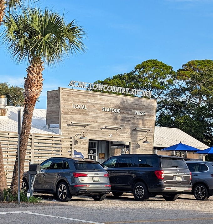 Palm trees frame Acme's rustic wooden exterior, promising a true taste of coastal Carolina in every bite.