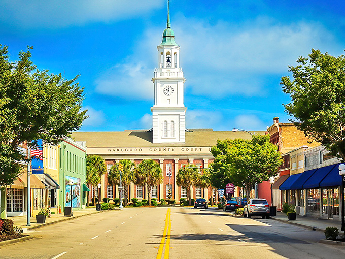 The Marlboro County Courthouse stands tall in Bennettsville, its white clock tower keeping watch over the town like a friendly neighborhood sentinel.