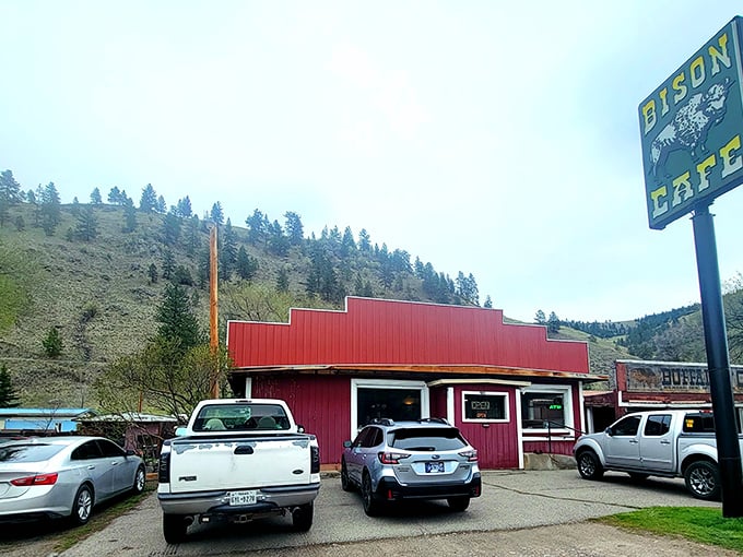 The Bison Cafe stands proud against Montana's rolling hills &ndash; a red beacon for hungry travelers.