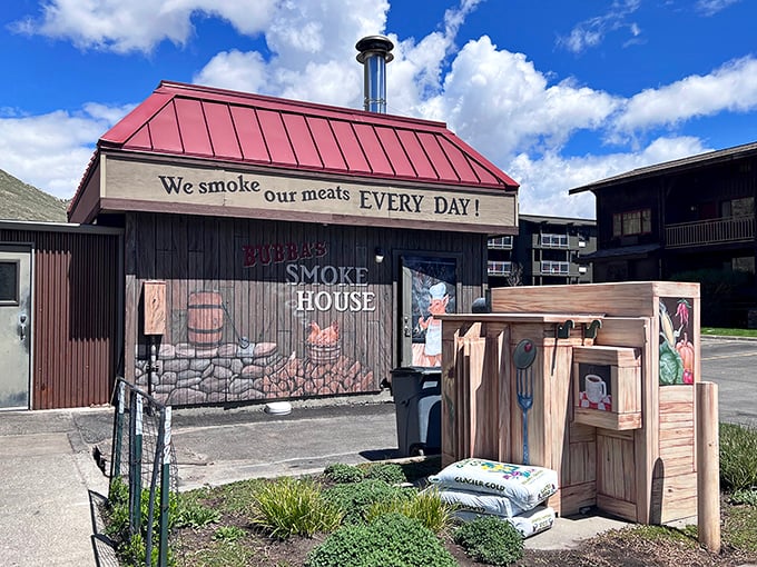 Bubba's rustic wooden smokehouse looks like BBQ heaven, complete with chimney pumping out those irresistible aromas.