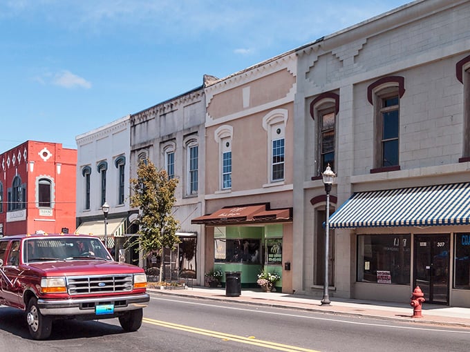 Classic small-town charm meets preserved architecture along Cedartown's Main Street, where pickup trucks still rule the road.