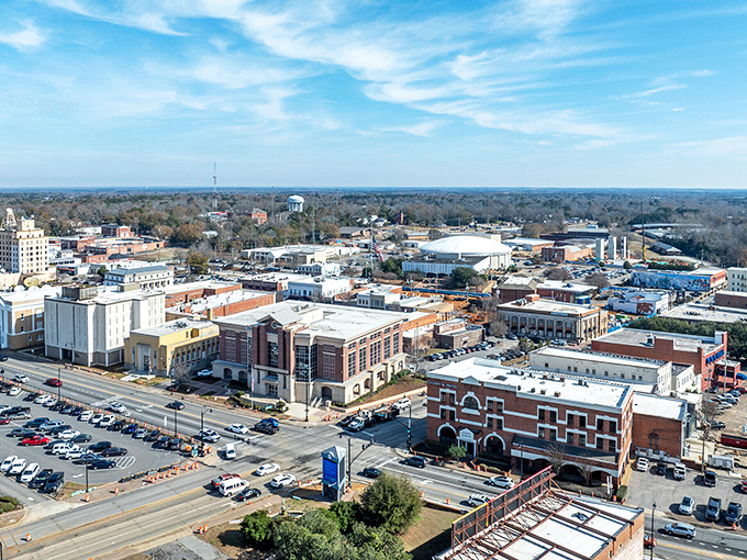 A bird's-eye view of Dothan reveals a patchwork of historic buildings and green spaces where community happens daily.