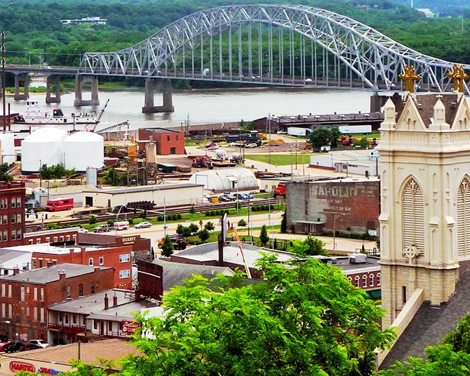 The iconic Julien Dubuque Bridge spans the mighty Mississippi, connecting this affordable riverside gem to adventures in neighboring states.