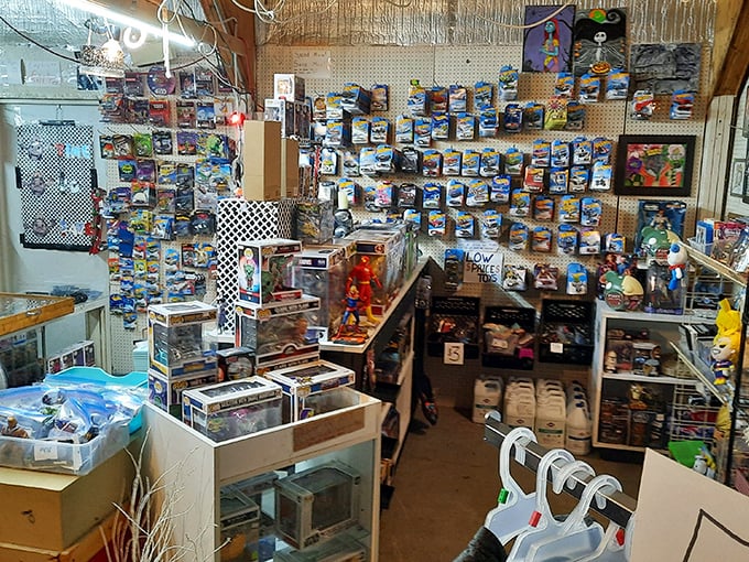 Collectible figures and memorabilia fill every inch of this booth. A shrine to childhood nostalgia that would make Marie Kondo nervous.