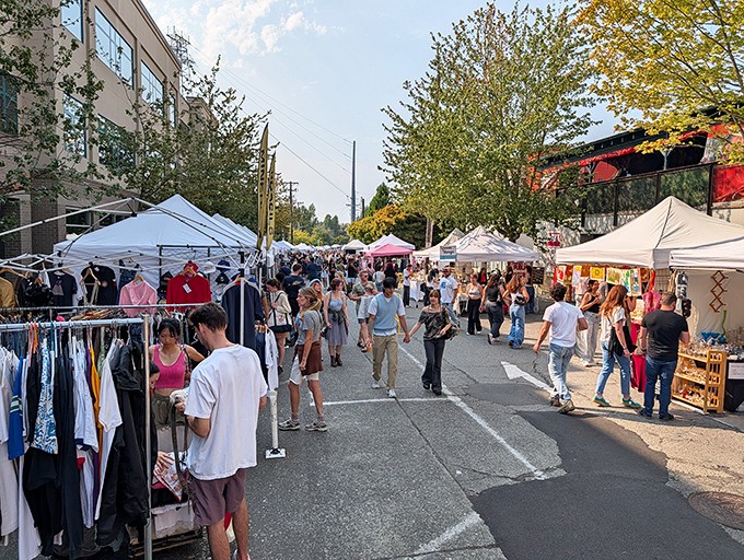 Summer sunshine brings out the crowds at Fremont's street market, where Seattle's creative spirit shines in every handcrafted item.