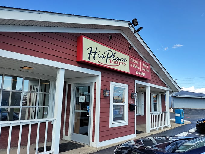 His Place Eatery's welcoming red exterior hints at the warm, soul-satisfying chicken waiting inside.