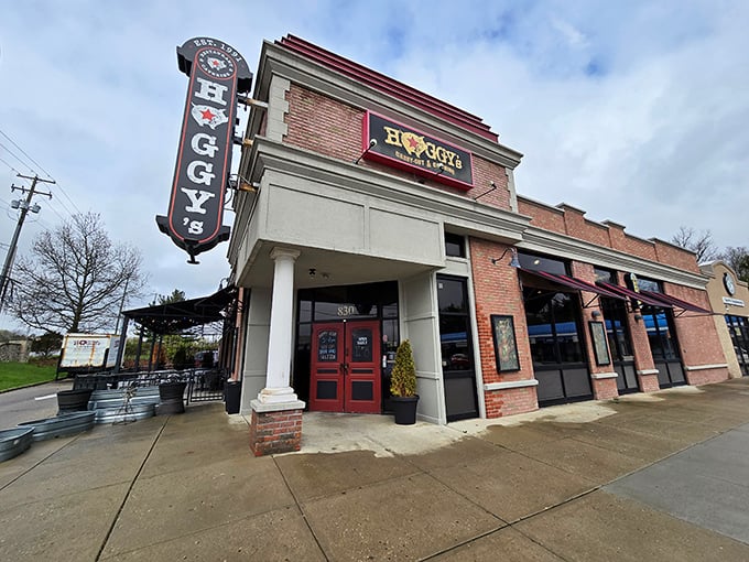 Hoggy's bold brick façade and vintage-style sign promise barbecue that's worth getting dressed up for... or not!